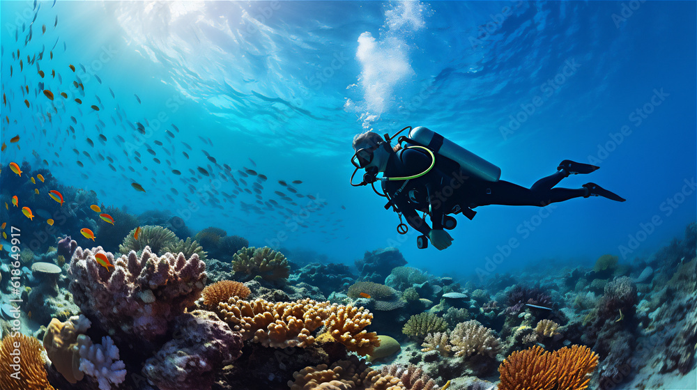 Scuba Diving in Tropical Ocean Coral Reef sea under water, scuba diver ...