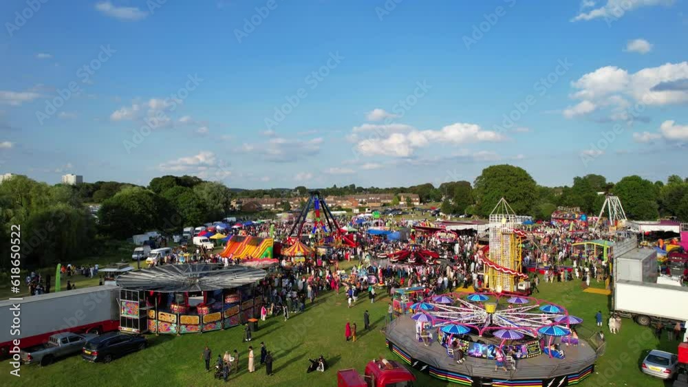 High Angle Footage of Public Funfair Held at Lewsey Public Park of ...