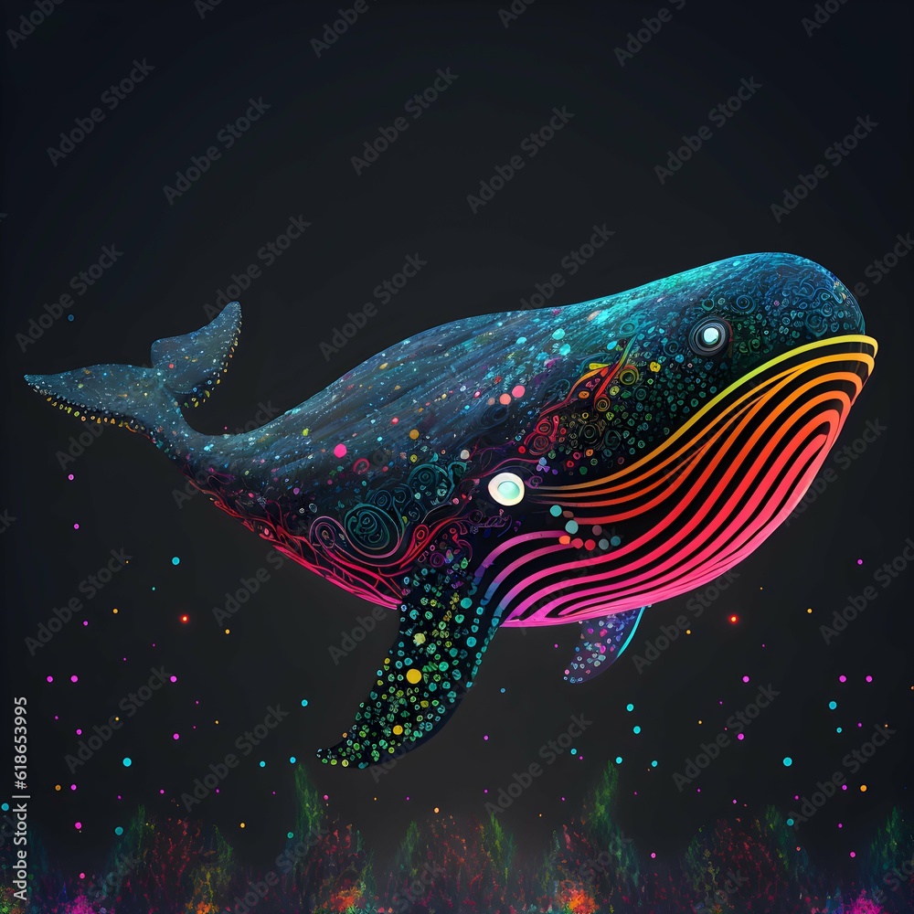 friendly psychedelic whale floating centered on vantablack background ...