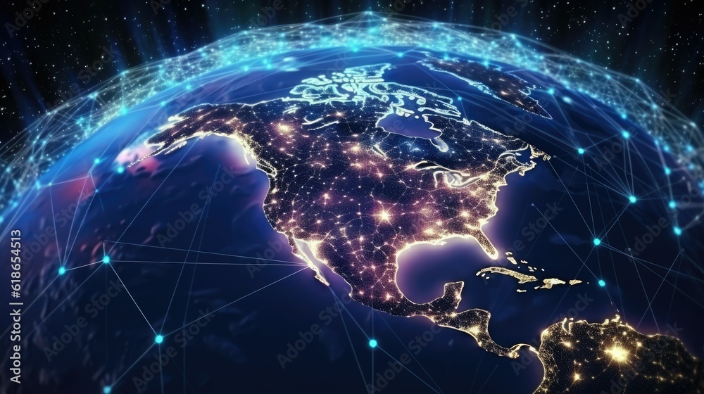 Planet Earth is shrouded in a network grid. Space technology, Internet ...