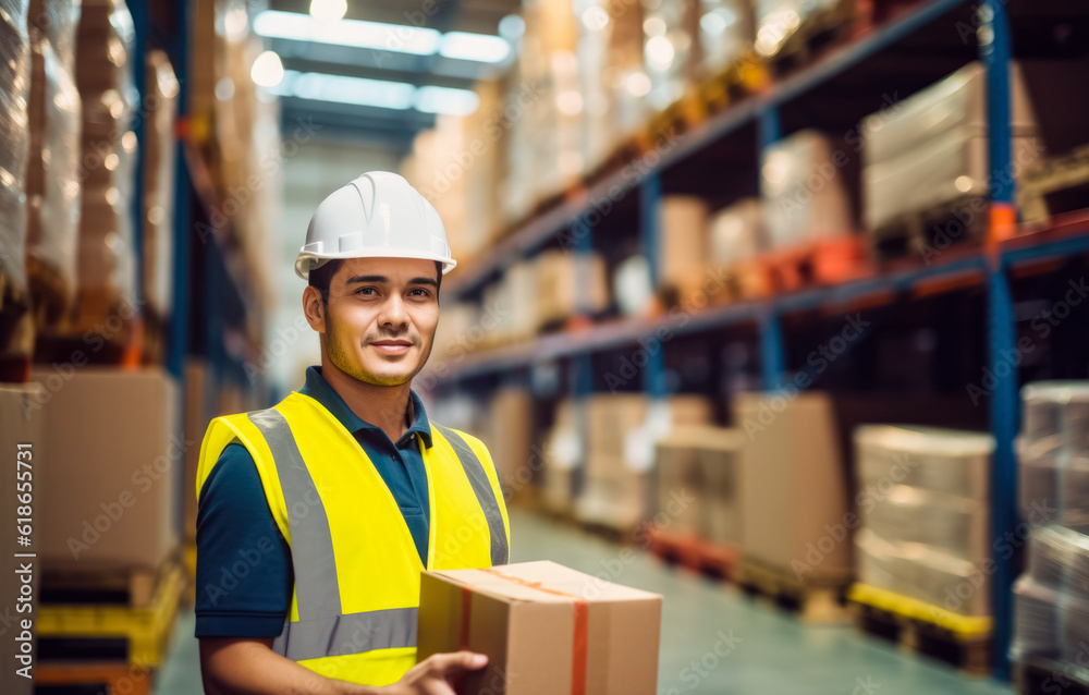 Worker in a warehouse, young caucasian man in high visibility vest and ...