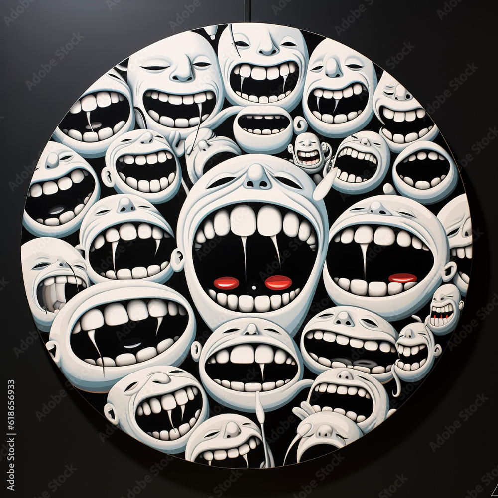 exaggerated facial expressions, smile, many toothy faces, black and ...