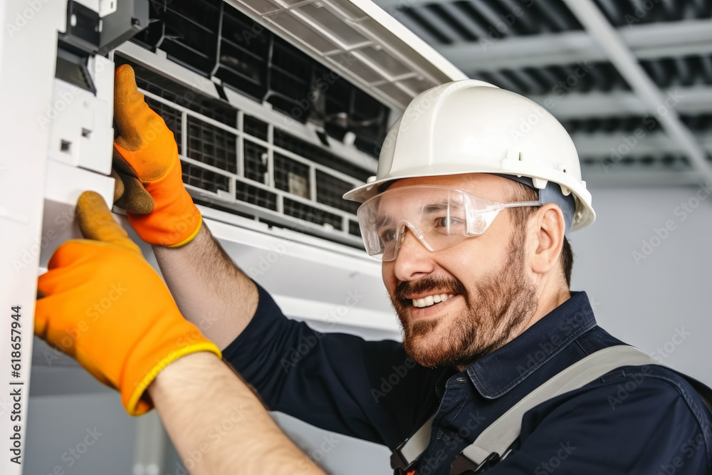 Technician working on air conditioning indoor unit. Man wearing helmet ...