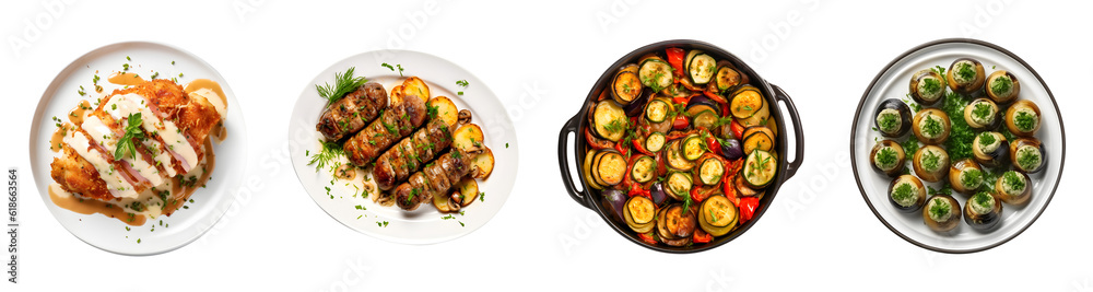 Set of top view delicious french food in a plate, Chicken Cordon Bleu ...