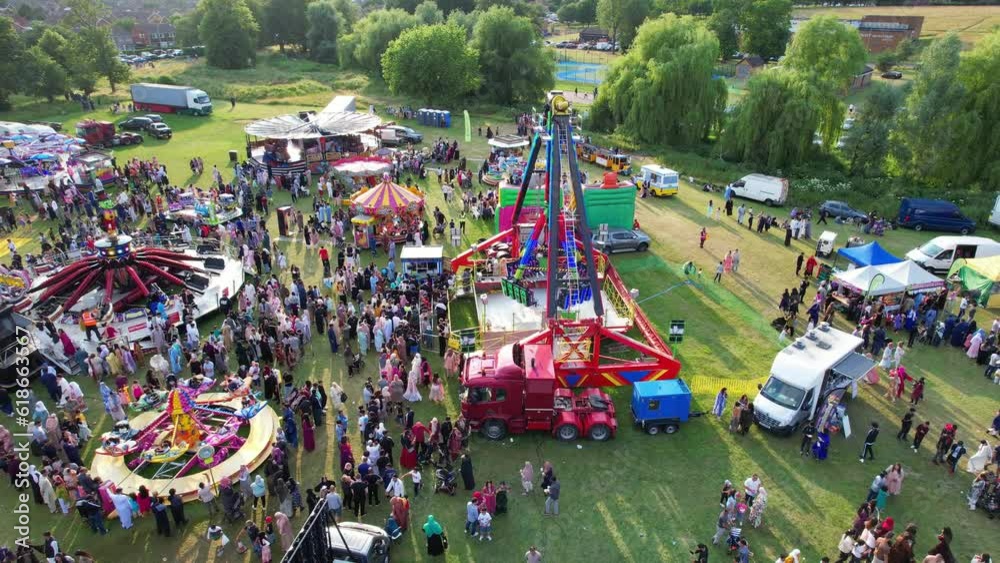High Angle Footage of Public Funfair Held at Lewsey Public Park of ...