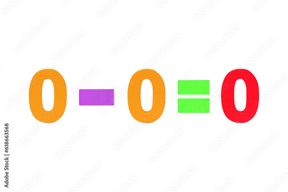 arabic numerals Zero minus zero equals zero 0-0=0 Isolated on cut out PNG. Image of simple math ...