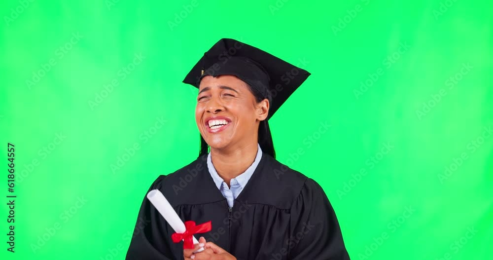 Woman graduate, face and green screen with celebration, achievement and ...