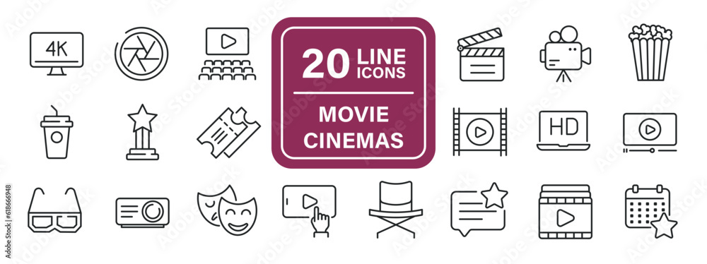 Movie, cinemas line icons. Editable stroke. For website marketing ...