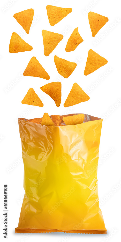 Crispy nachos in yellow bag isolated on white background, Corn chips on ...