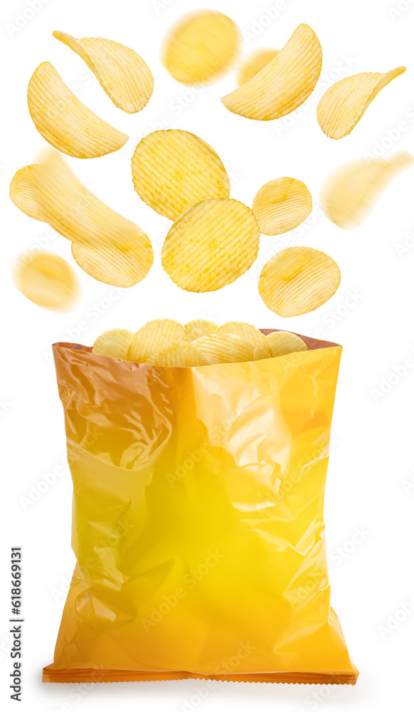 Crispy Potato chips fly out of yellow bag isolated on white background ...