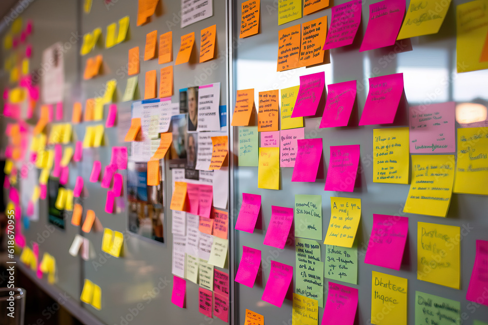 A bulletin board covered in colorful post-it notes, representing a ...