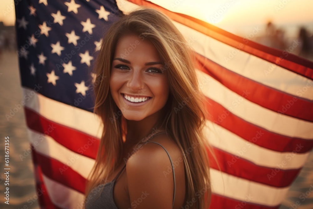 A woman with the US flag at the celebration of the Independence Day of ...