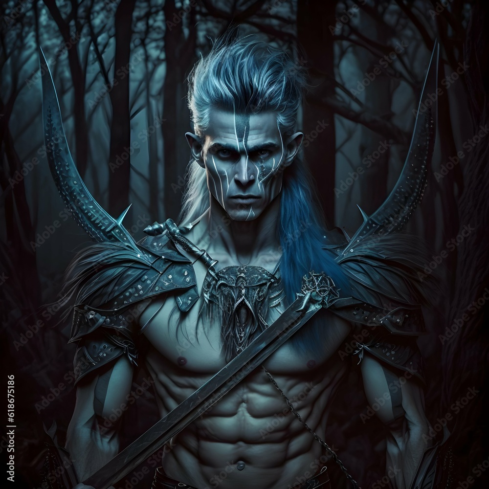 blue haired elf handsome man two swords on his back pointy long ears ...