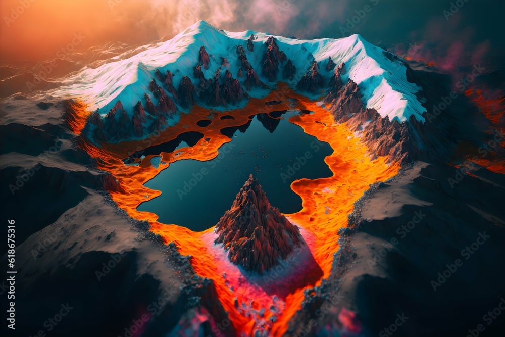 a lake of frozen lava being viewed from a birds eye view on a mountain ...