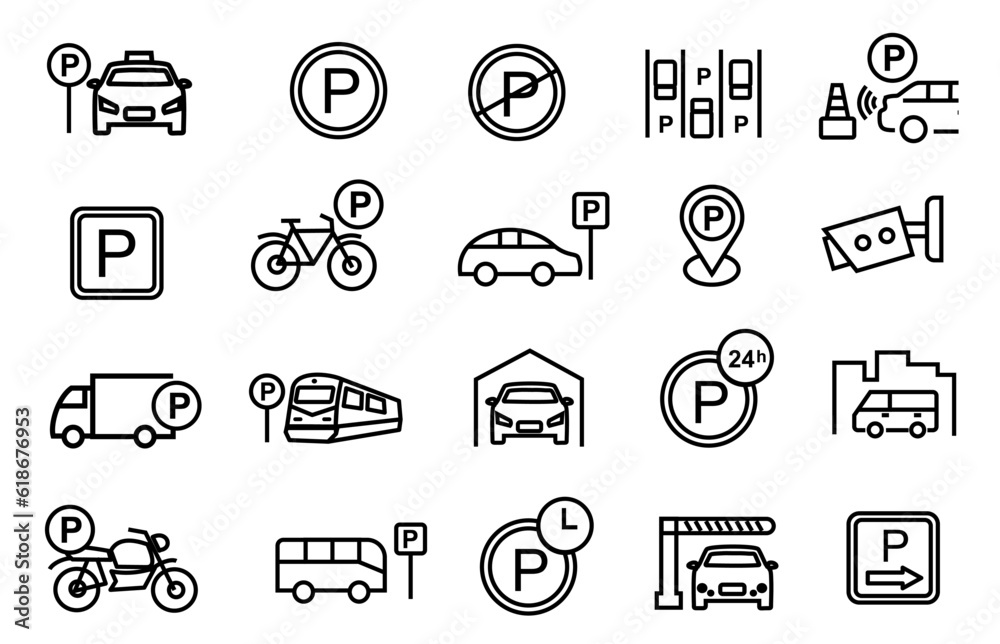 Parking icon set. Included icons as Car Parking, Garage, Paid parking ...