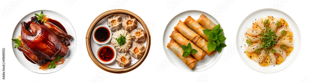 Set of top view Chinese food in a plate, Roasted peking duck, jellyfish ...