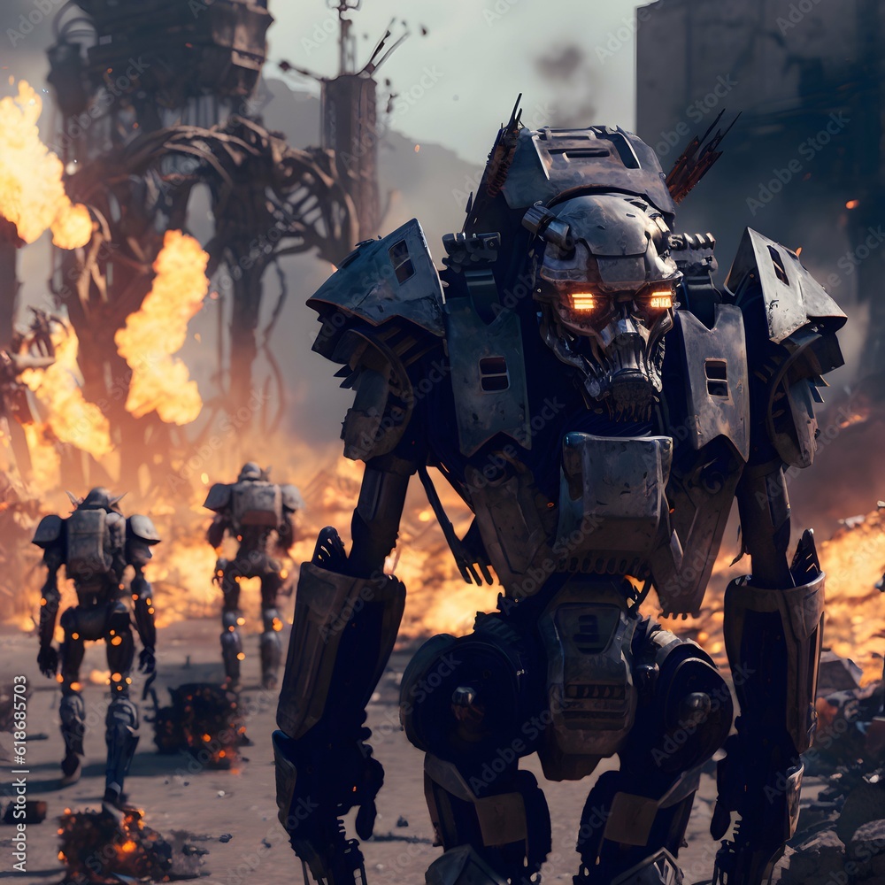 an infantry of armored mechs walking thru a landscape filled with ...