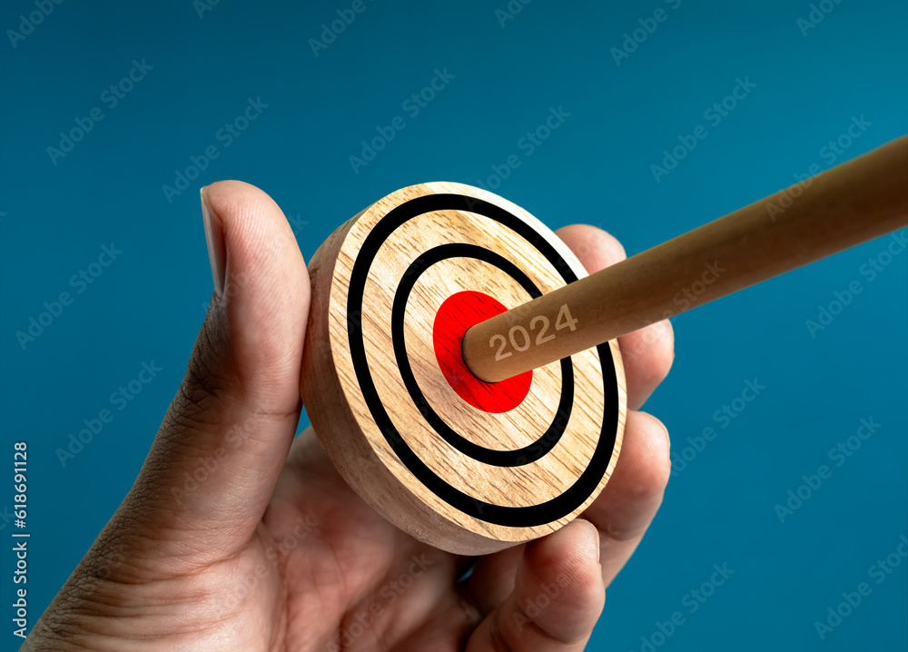 2024, new year target and business goal concepts. Big target dart icon ...