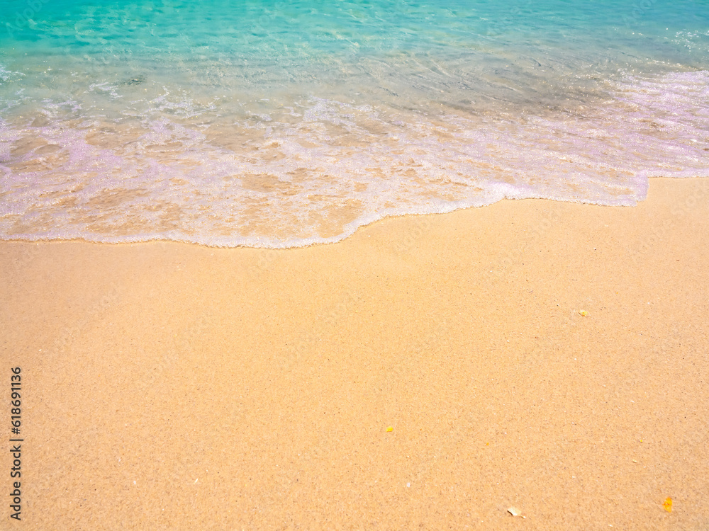 Bright beach background with space, movement of aqua sea water and ...