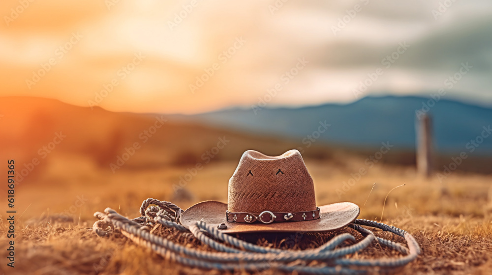 Rural background with close up cowboy hat and rope. Rustic outdoor ...