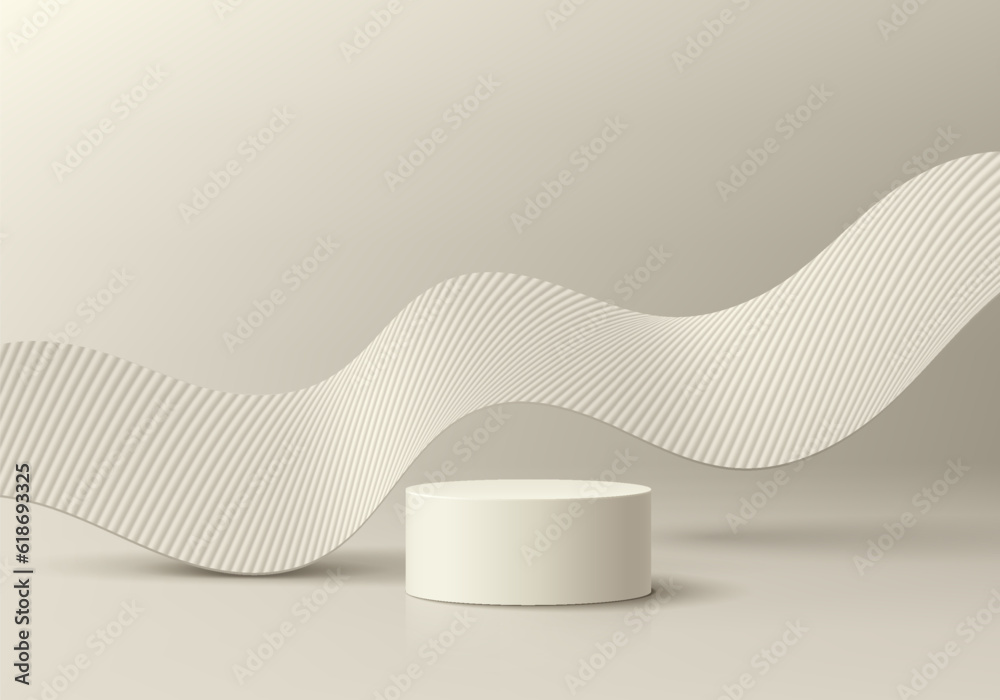 3D cream beige cylinder realistic pedestal podium background with wavy curve shape floating wall ...