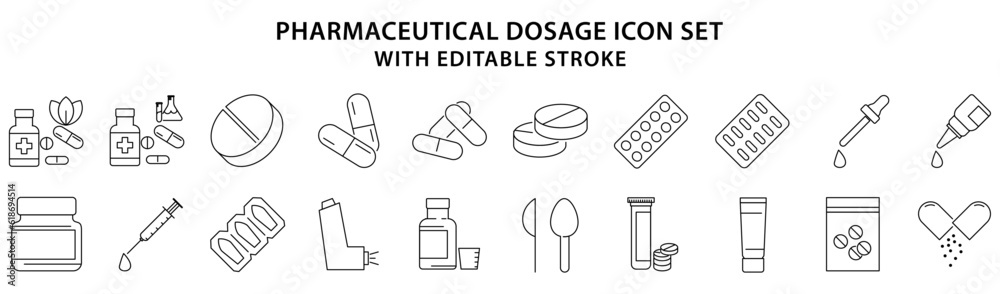 Pharmaceutical dosage icons. Set icon of pharmaceutical dosage. types ...