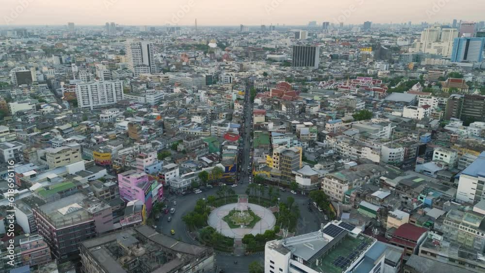 Wongwian Yai roundabout. Aerial view of highway junctions. Roads shape ...