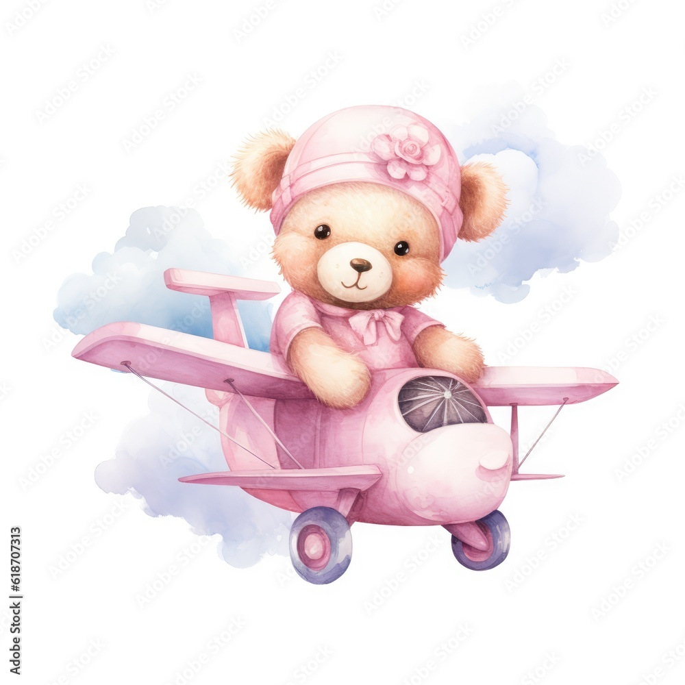 cute teddy bear flying a light pink airplane - watercolor illustration ...