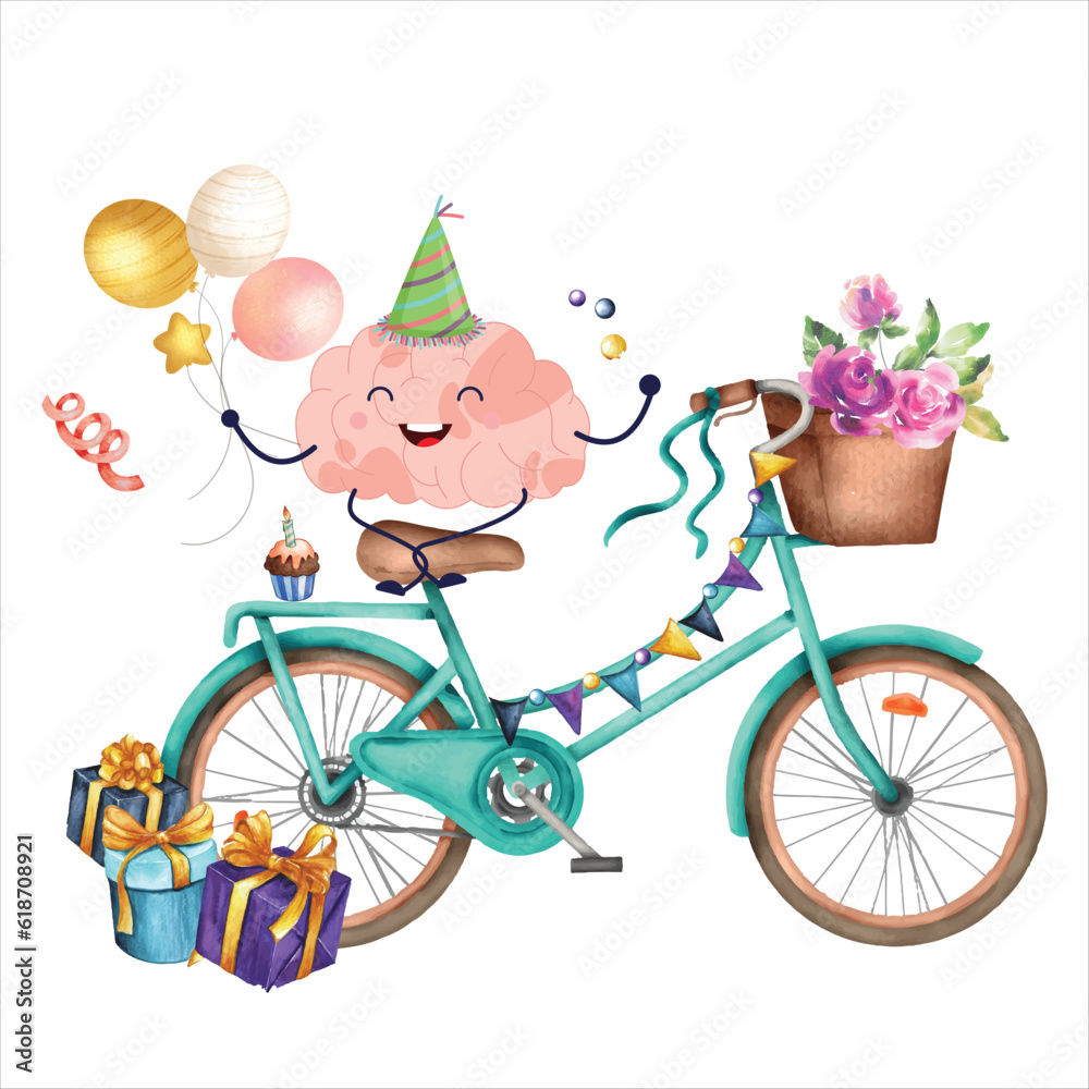 Happy brain with cake and balloons, birthday theme brain emoji, brain ...