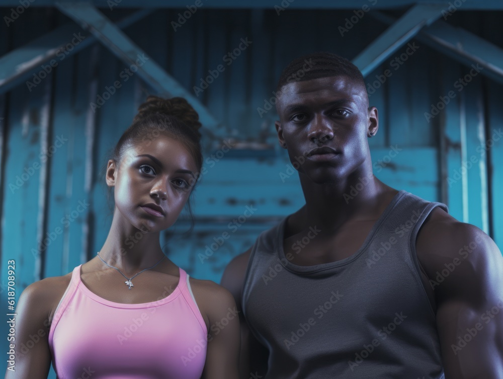 A strong and confident man and woman couple pose with determination and ...