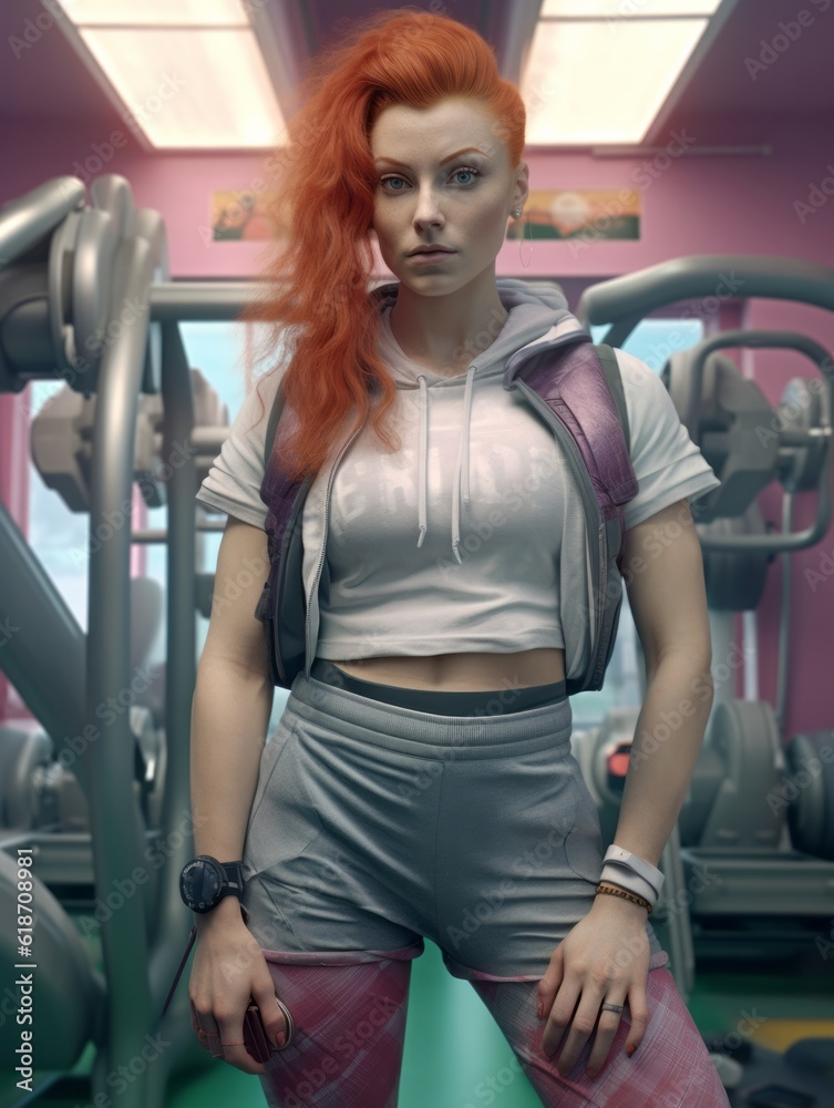 A Fiery Redhead Stands Confidently In The Gym Displaying Her Strength
