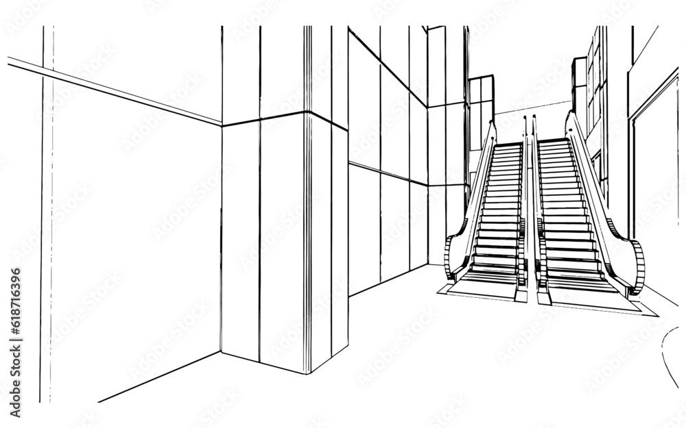 Line drawings of hallways, office buildings and escalators,3d rendering ...