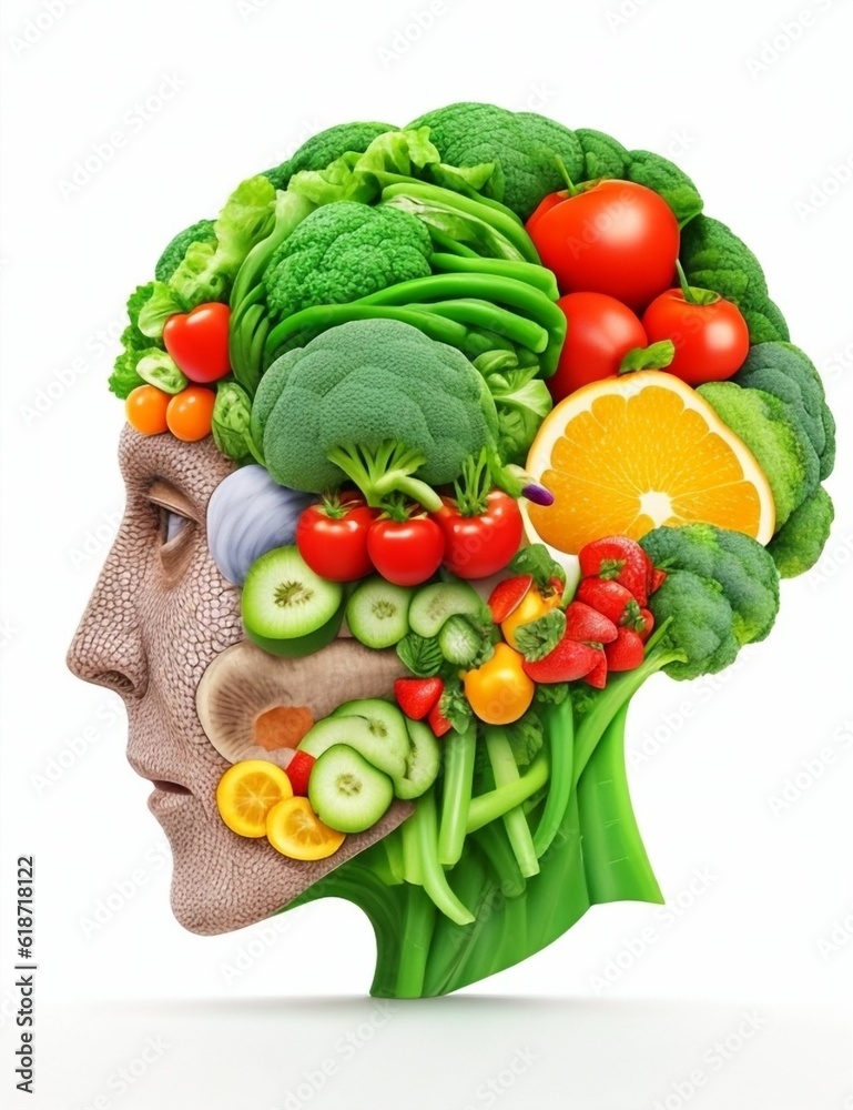 Vegetable face. food brain with a human face, brain made from ...
