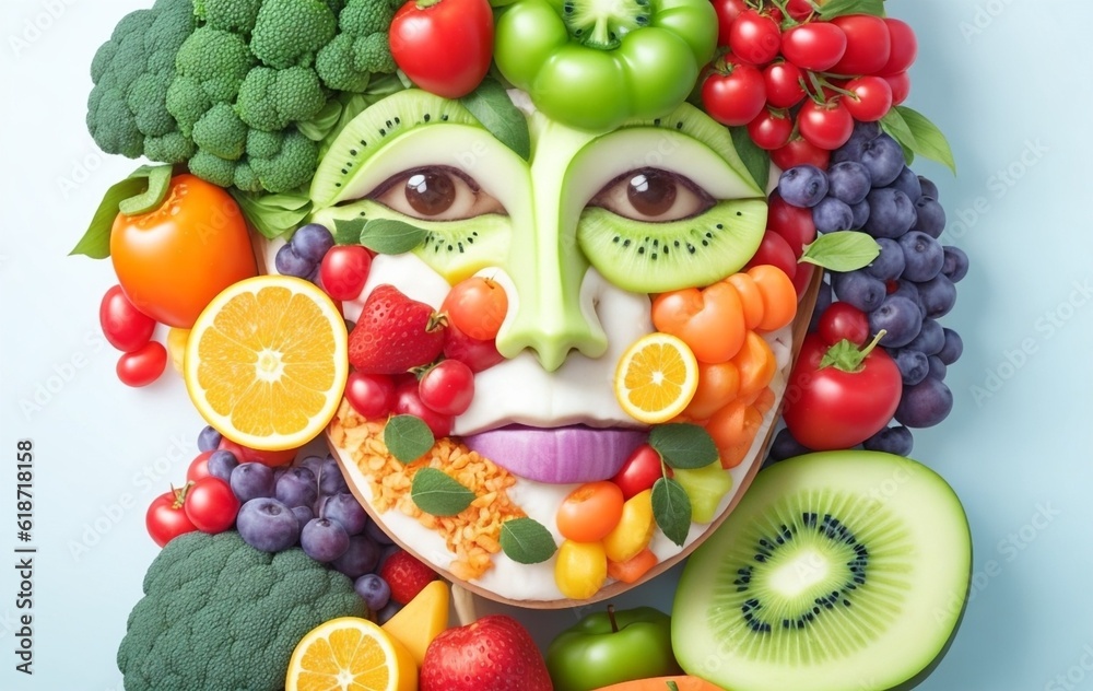 Veggie-face portrait. Vegetable with face. Female Human face of fruits ...