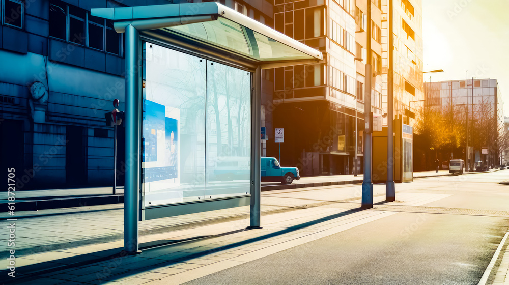 Bus stop on city street with bus parked on the side of the road ...
