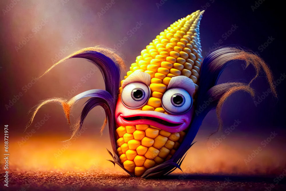 Cartoon corn on the cob with eyes and frown on its face. Generative AI ...
