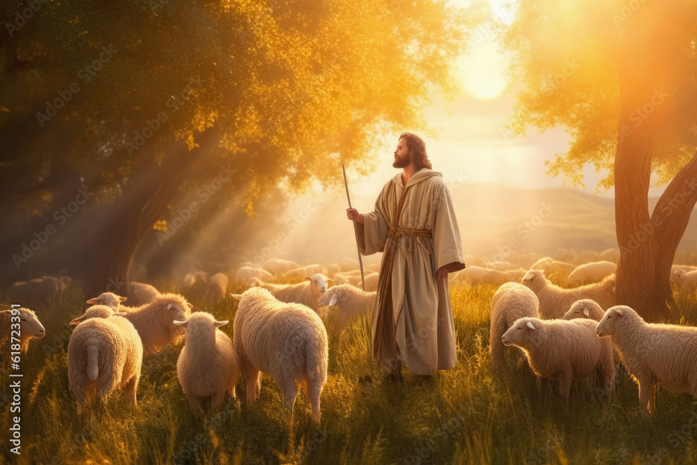 Image of Shepherd Jesus Christ leading the sheep and praying to God ...