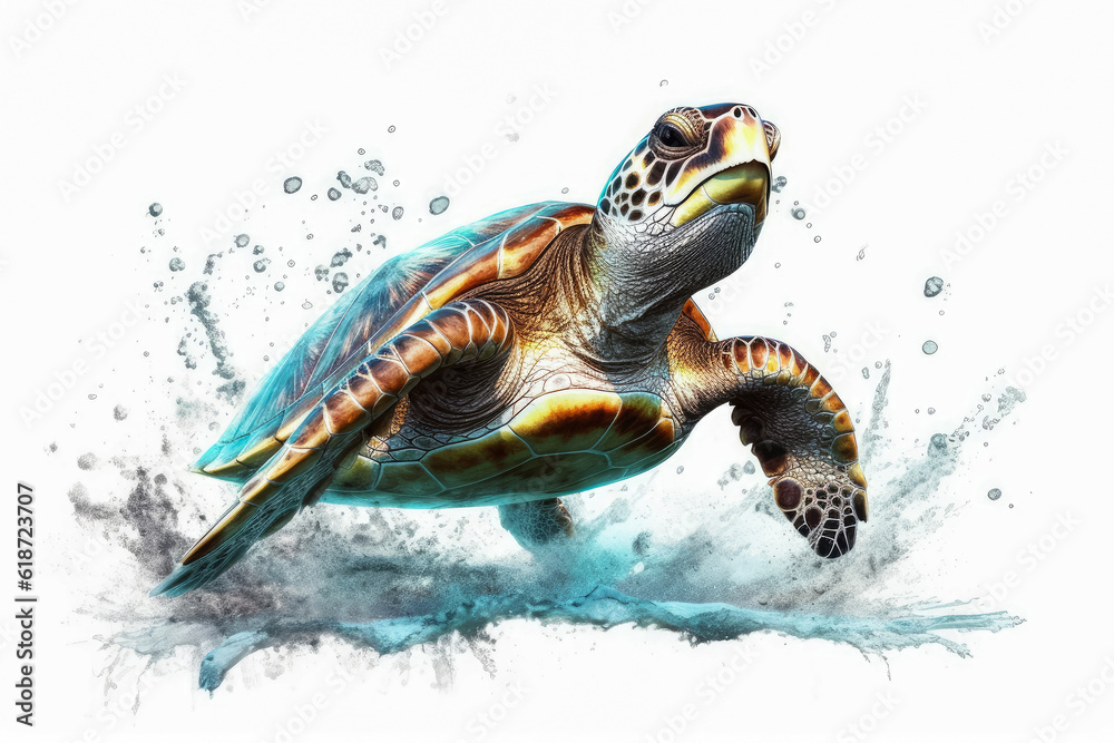 Turtle swimimg with water splash isolated on white background , Created ...