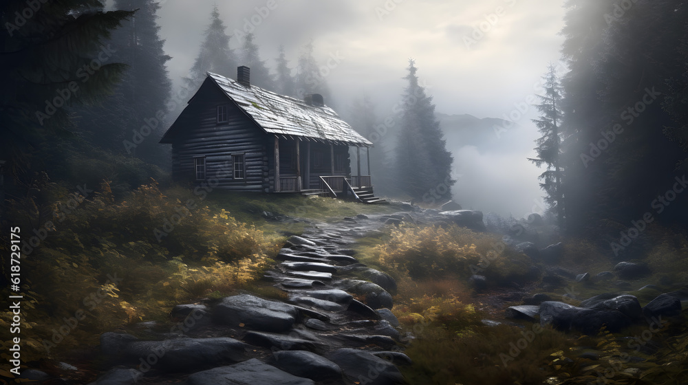 A cabin in the middle of a forest with fog and trees on the mountain ...