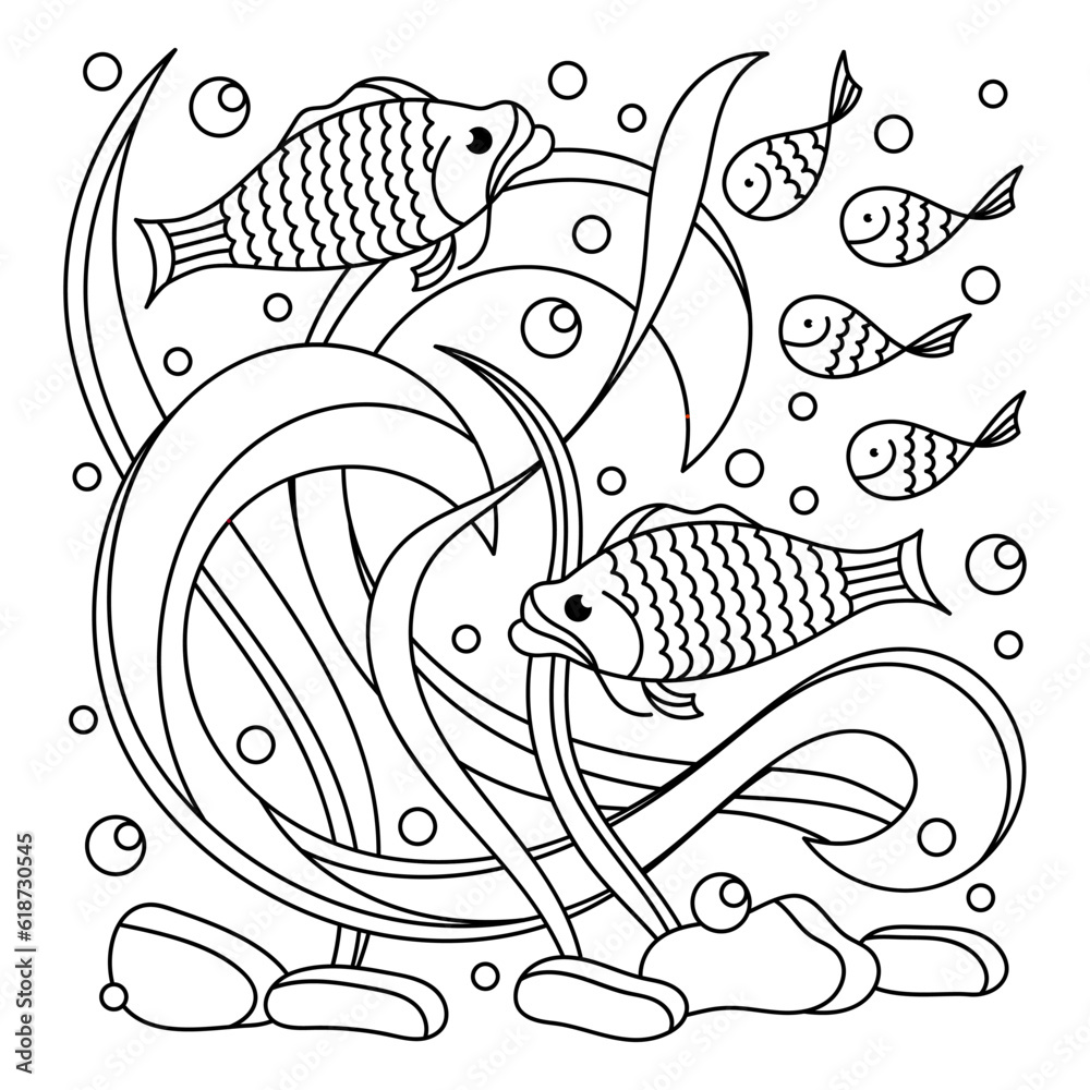 Coloring book page. Under water. Marine vector motif . Doodle of the ...
