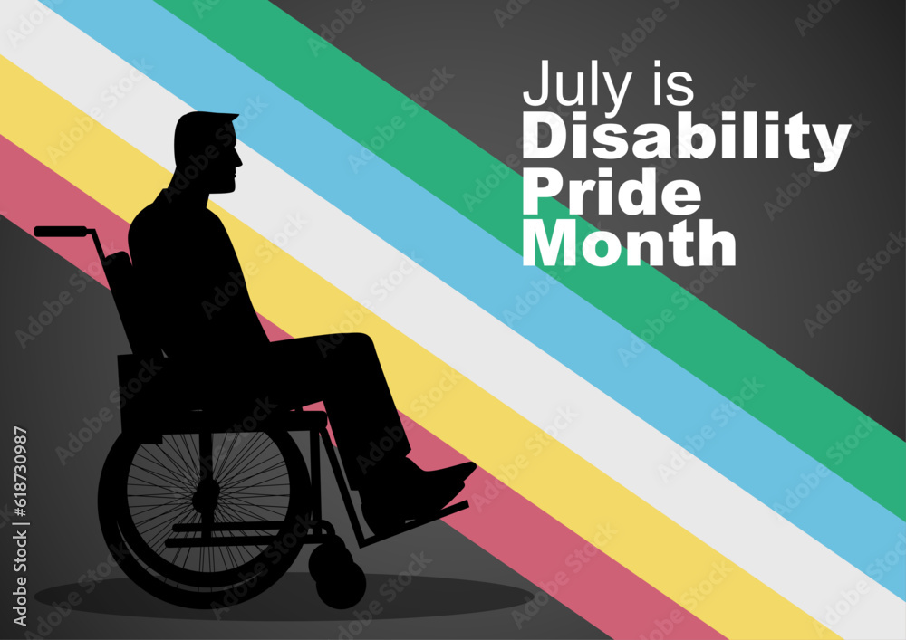 Silhouette of a man in a wheelchair with Disability Pride Month flag as ...