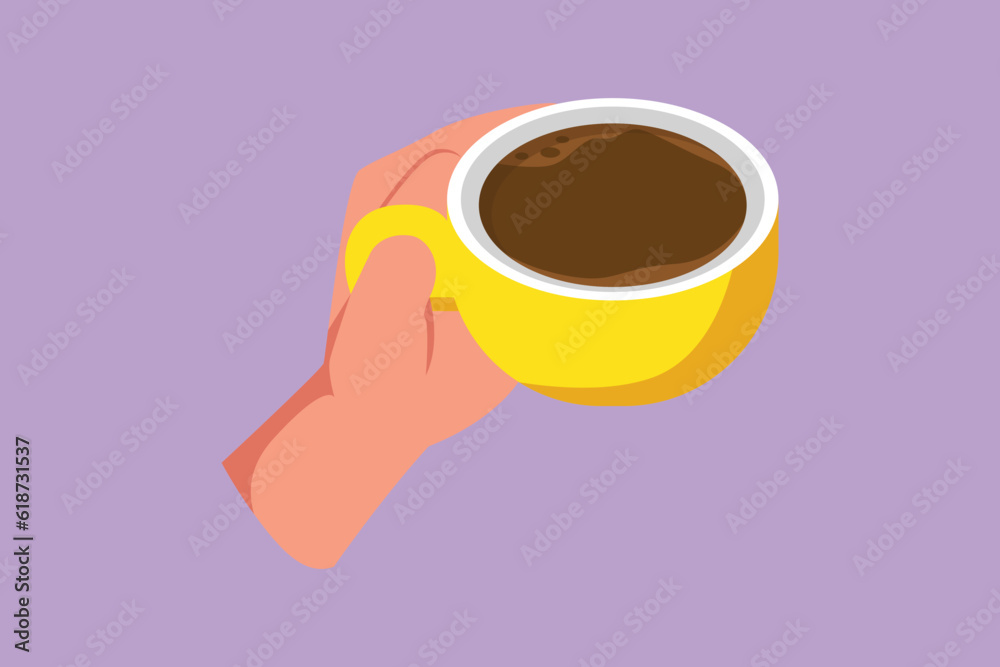 Character flat drawing stylized hand hold cup of coffee steam light ...