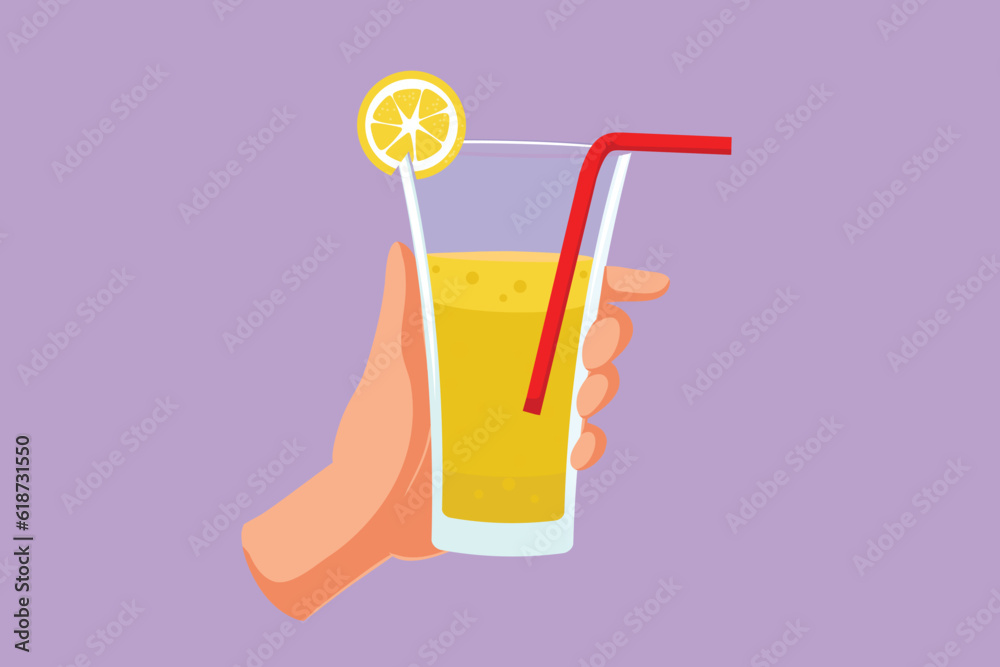 Cartoon flat style drawing lemonade served with ice cubes, hand holding ...