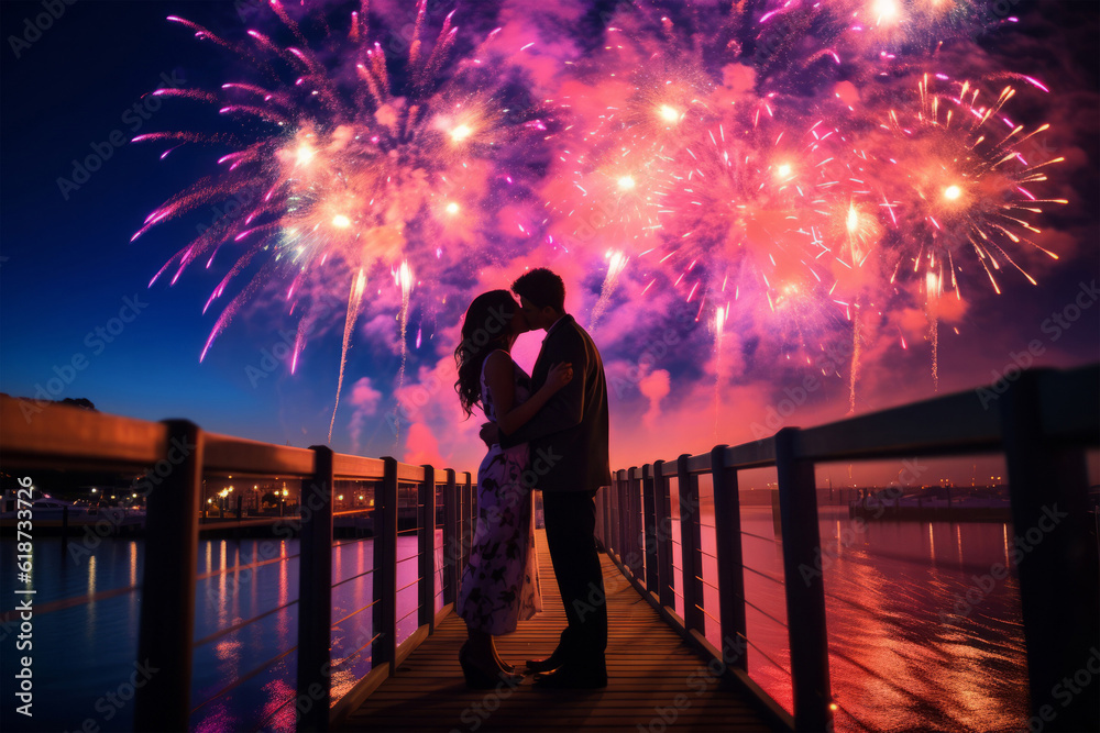 Young couple in love silhouette - Kissing with epic fireworks in the ...