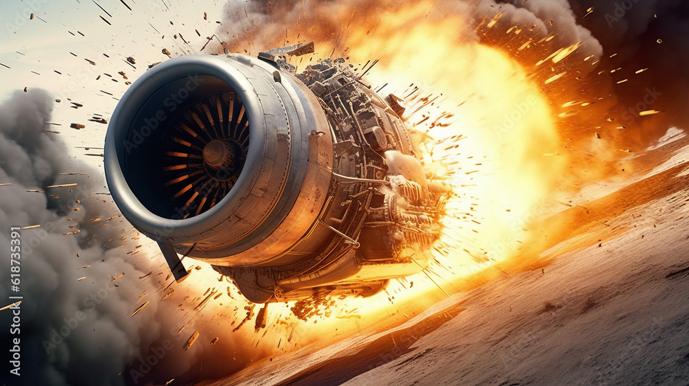 flying aircraft with exploding aero engine just before air crash ...