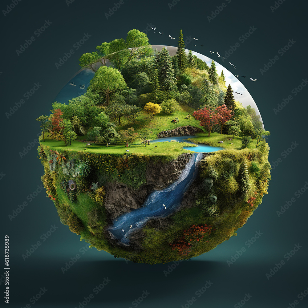 Microscopic Forest with a fantasy island ,river, pond and sky in a ...