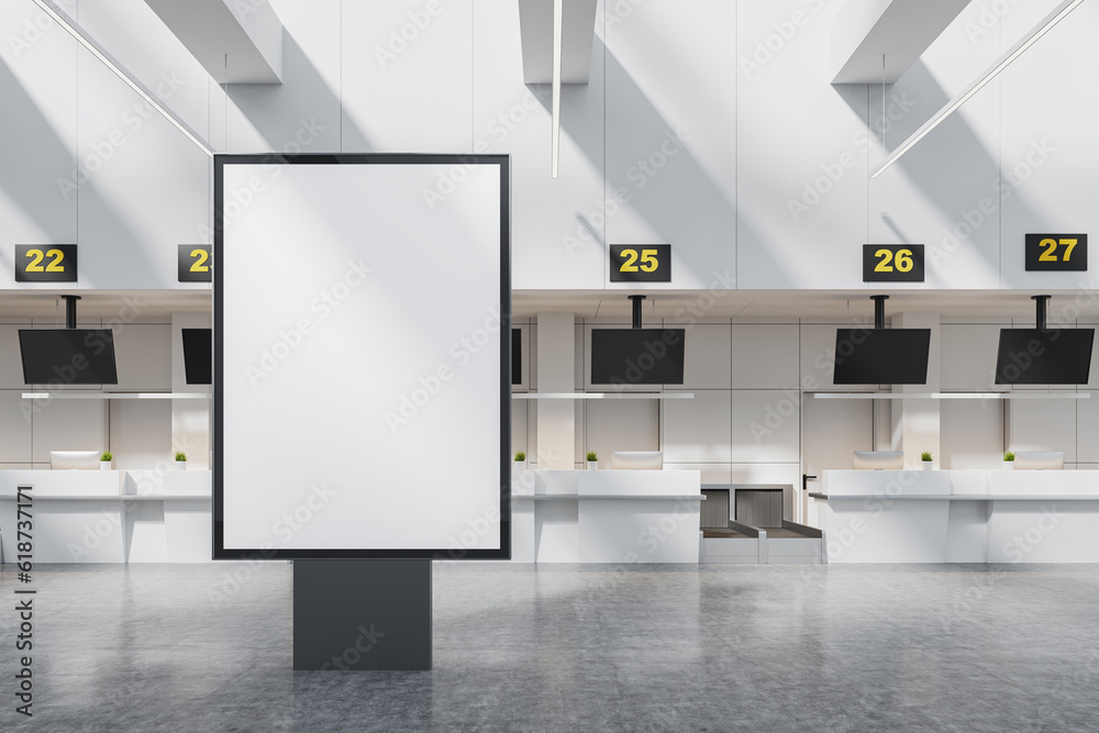 Modern airport interior with check-in zone and registration desk ...