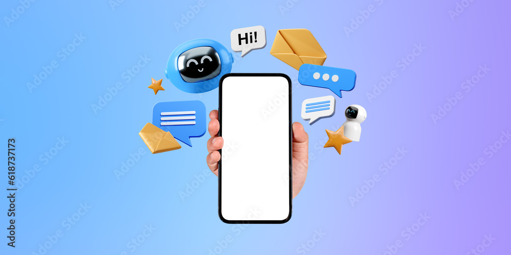 Man hand with mock up phone display, chat bot speech bubbles and ...