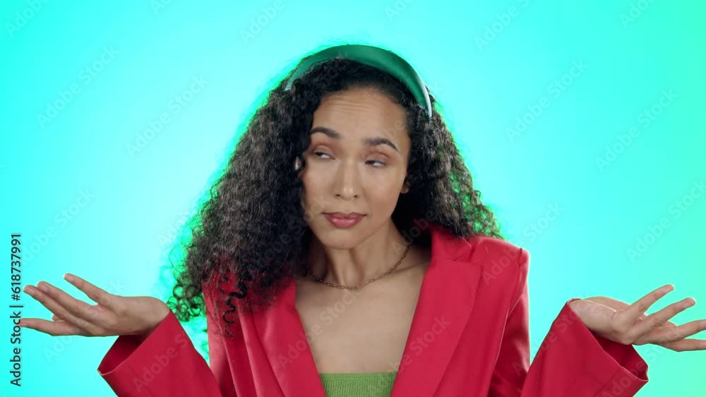 Shrug, woman and doubt with question, emoji and why hands in a studio ...