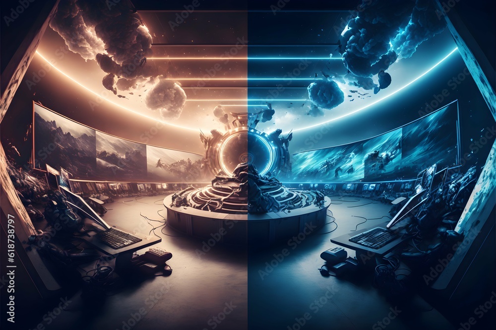 gaming arena that 2 teams competing playing video games one team versus ...
